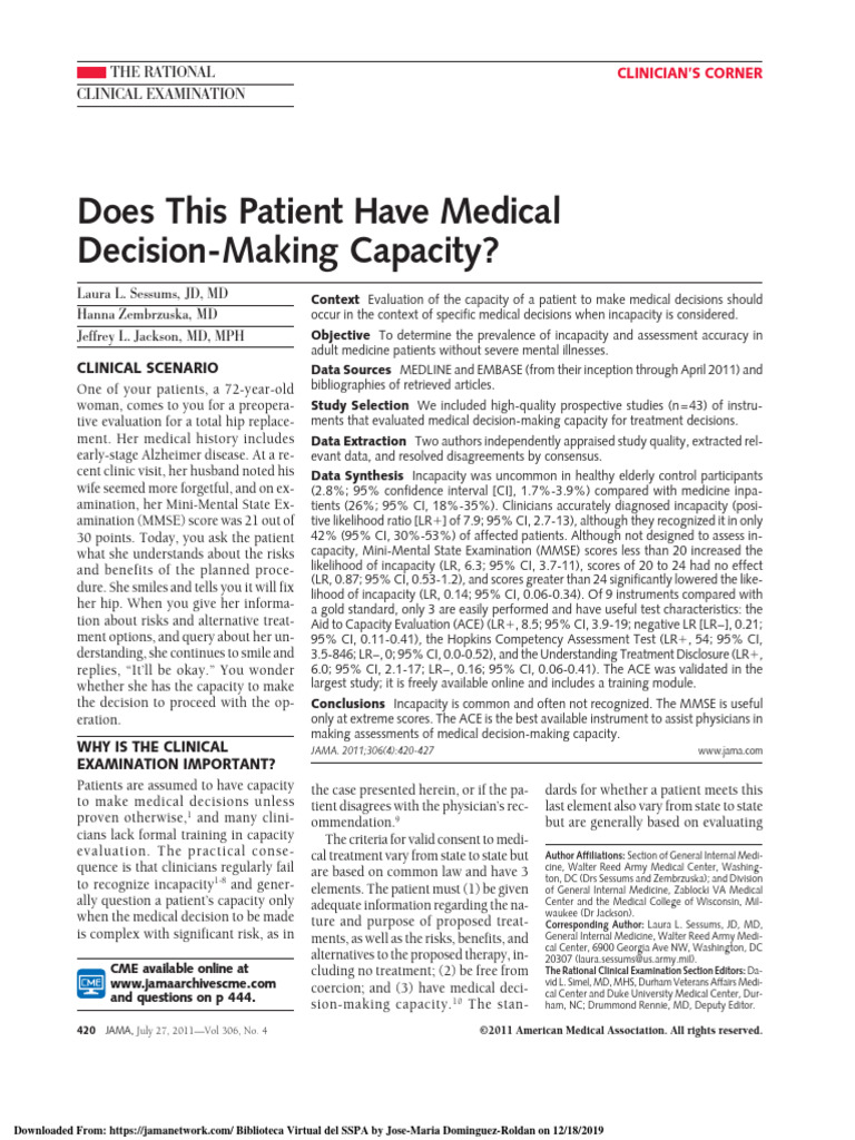 Decision Making Capacity | PDF | Sensitivity And Specificity | Mental ...