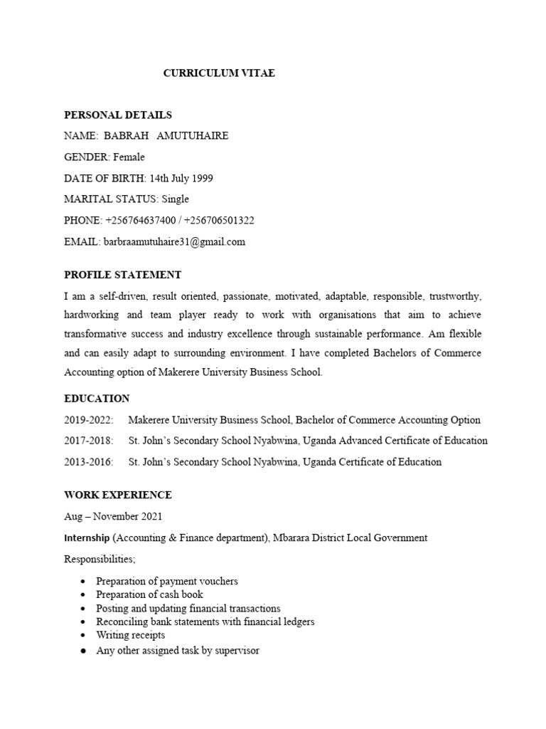 Babrah Amutuhaire CV: Accounting & Finance | PDF | Cash | Banks