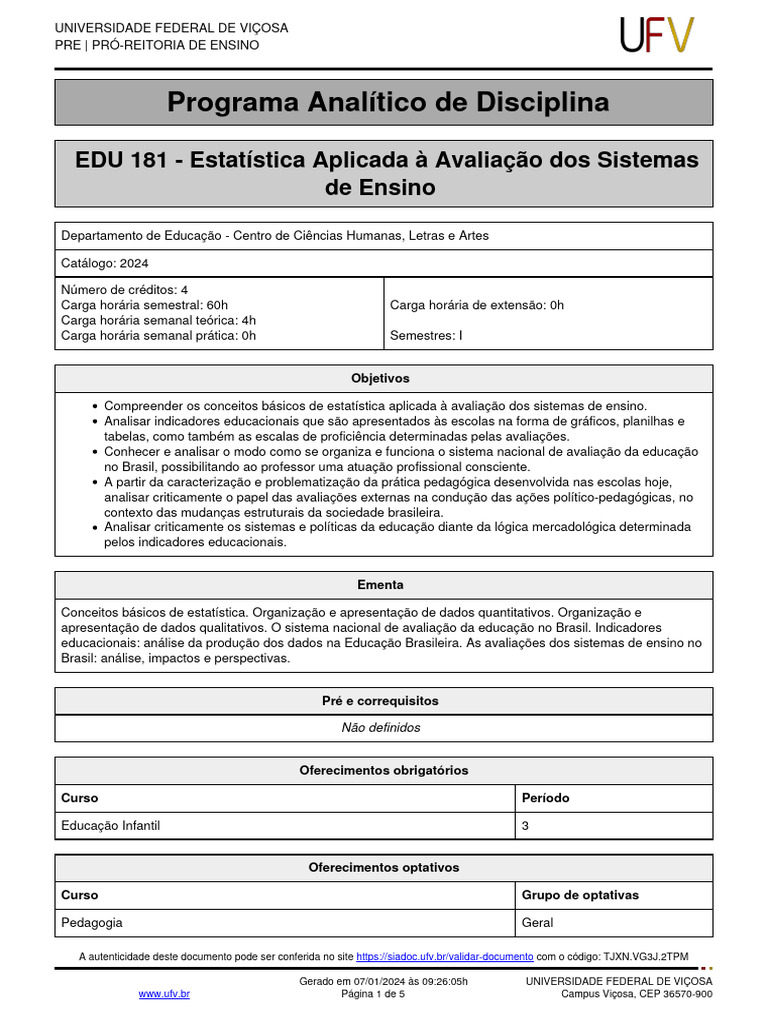 Programa Analitico-Estatística Aplicada À Avaliação Dos Sistemas de ...