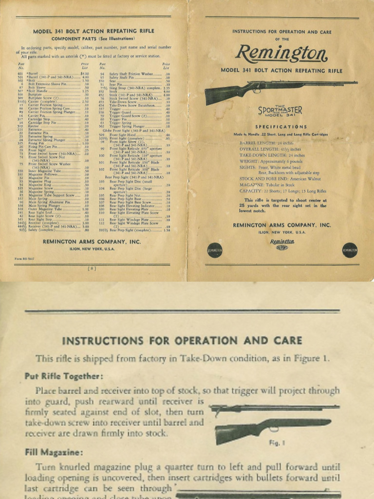 Remington - 341 Bolt Action Photocopy Manual | PDF | Trigger (Firearms ...