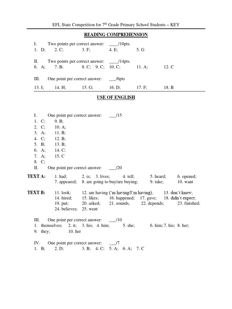 2022 7th Grade ELA Test Answer Key | PDF | Language Arts & Discipline