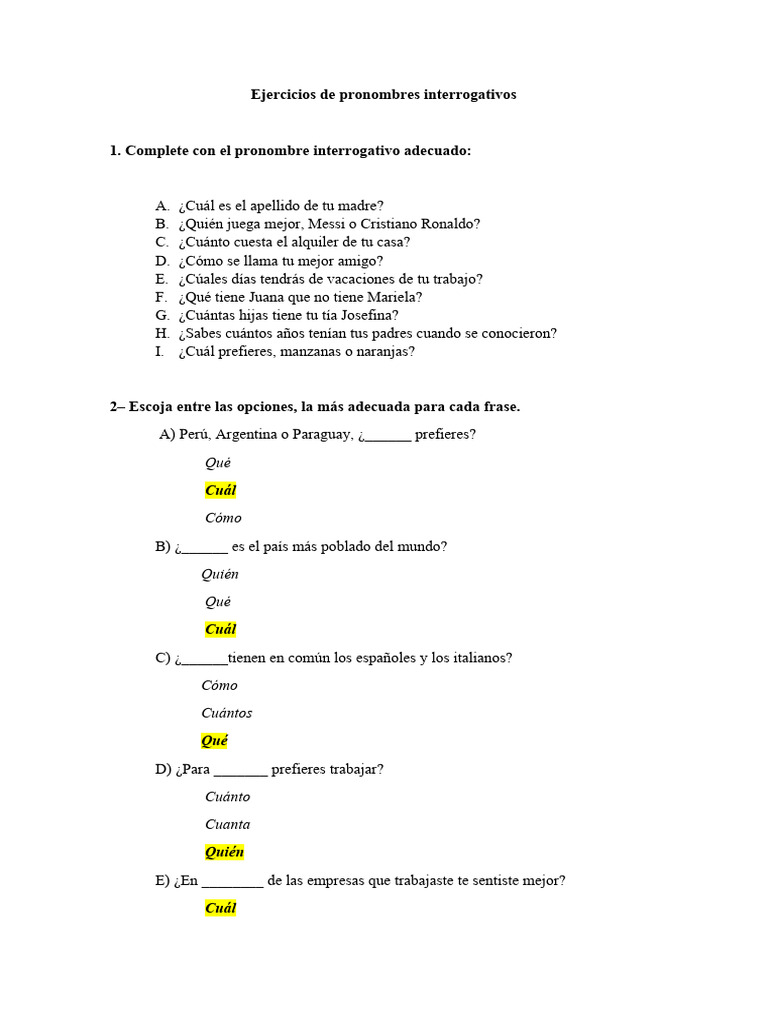 Ejercicios de Pronombres Interrogativos | PDF