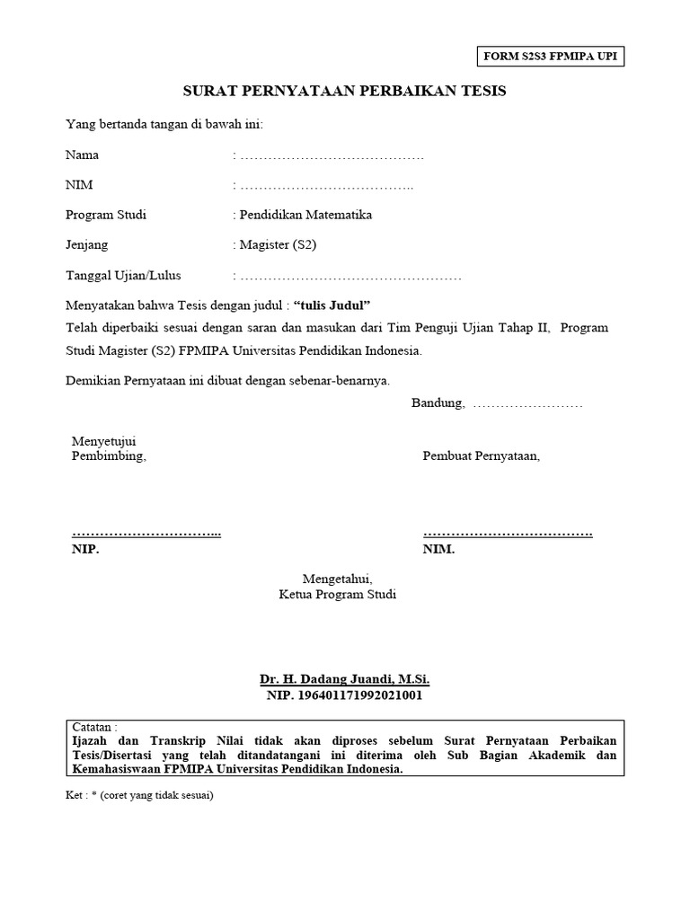 Surat Pernyataan Perbaikan Tesis UPI | PDF | Karier & Perkembangan ...