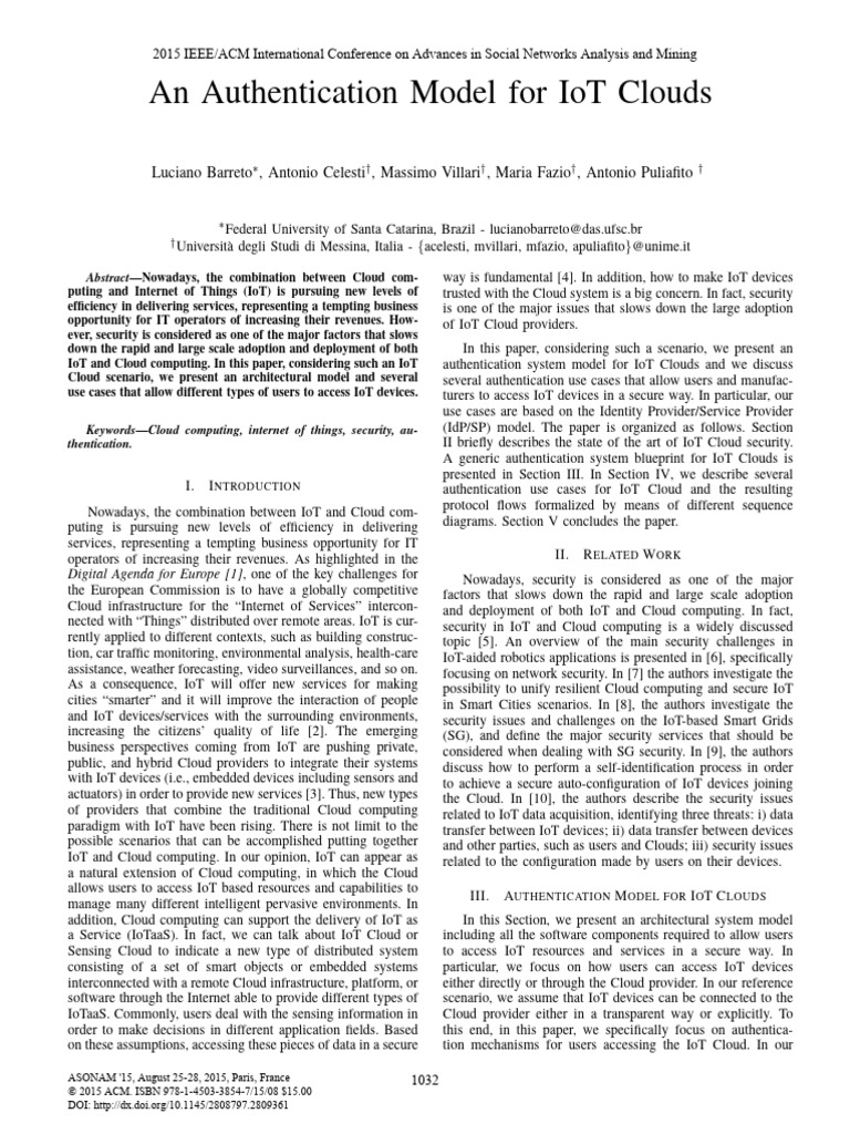 An Authentication Model for IoT Clouds | PDF | Internet Of Things | Cloud Computing