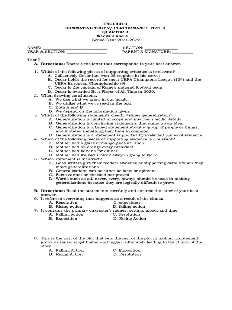 English 9 Summative Test Q3 | PDF | Plot (Narrative)
