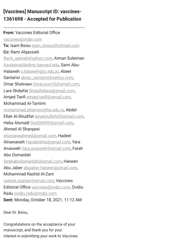 Vaccine Article Acceptance Letter | PDF | Inquiry | Academic Publishing