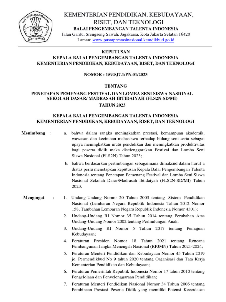 Pemenang FLS2N 2023 Sekolah Dasar | PDF