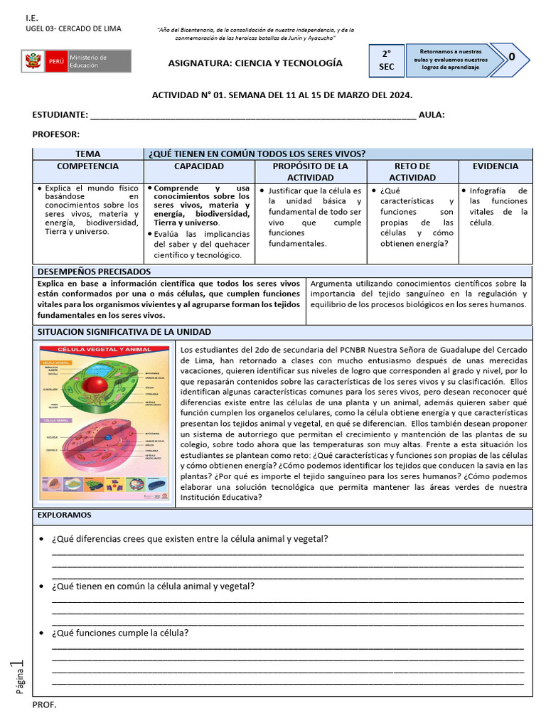 (PDF) 2°sec - UNIDAD 0 - ACTIVIDAD 1 (CyT Explica 2024) - Qué Diferencia A La Célula Animal de ...