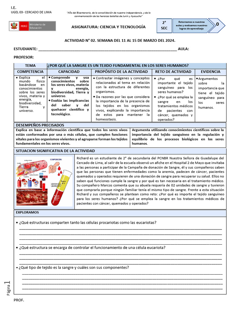 (PDF) 2°sec - UNIDAD 0 - ACTIVIDAD 2 (CyT Explica 2024) - Por Qué La Sangre Es Un Tejido ...