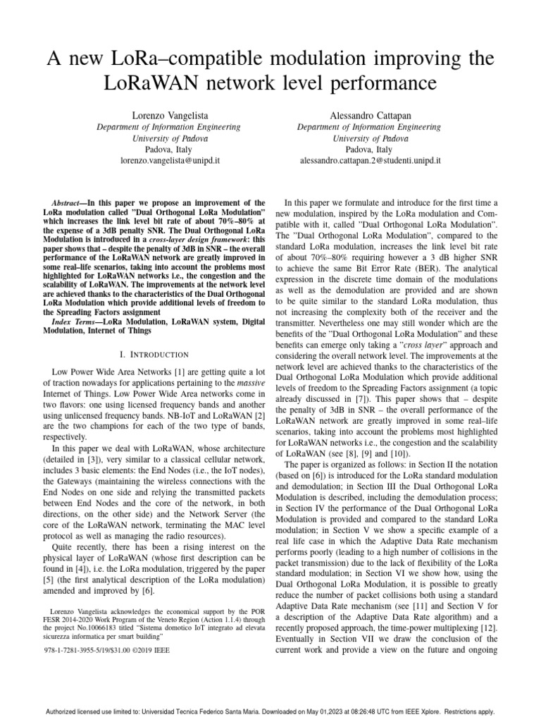 2019 A New Lora Compatible Modulation Improving The Lorawan Network Level Performance Pdf