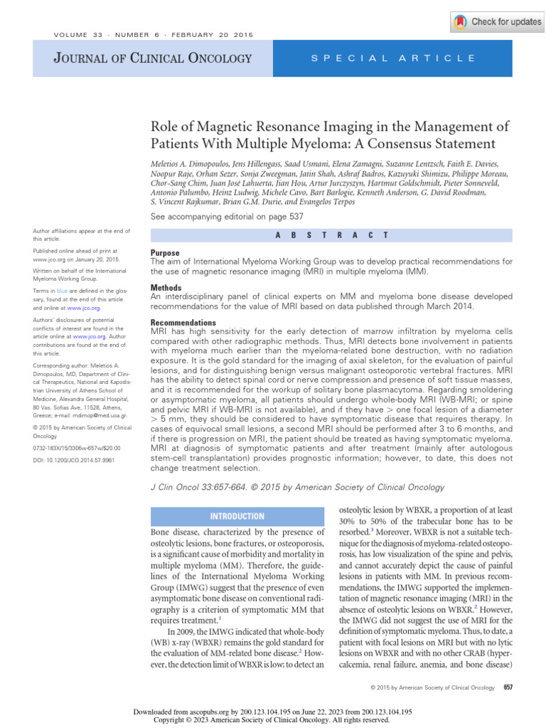 Role of Magnetic Resonance Imaging in The Management of Patients With Multiple Myeloma A ...