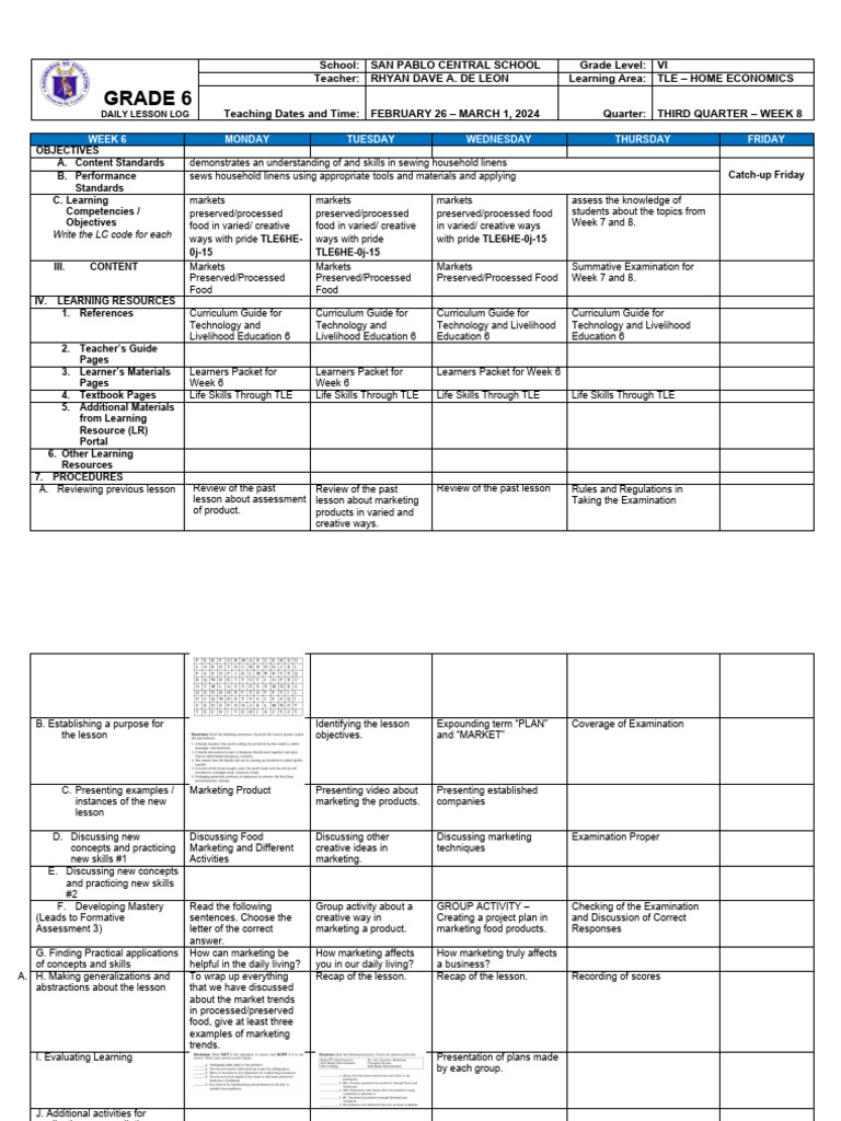 Grade 6: Week 6 Monday Tuesday Wednesday Thursday Friday | PDF ...