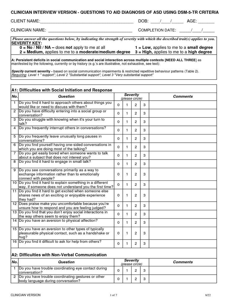CLINICIAN Interview FINAL DX Criteria Questions Aid Adult DX Using DSM 5 TR | PDF | Autism ...
