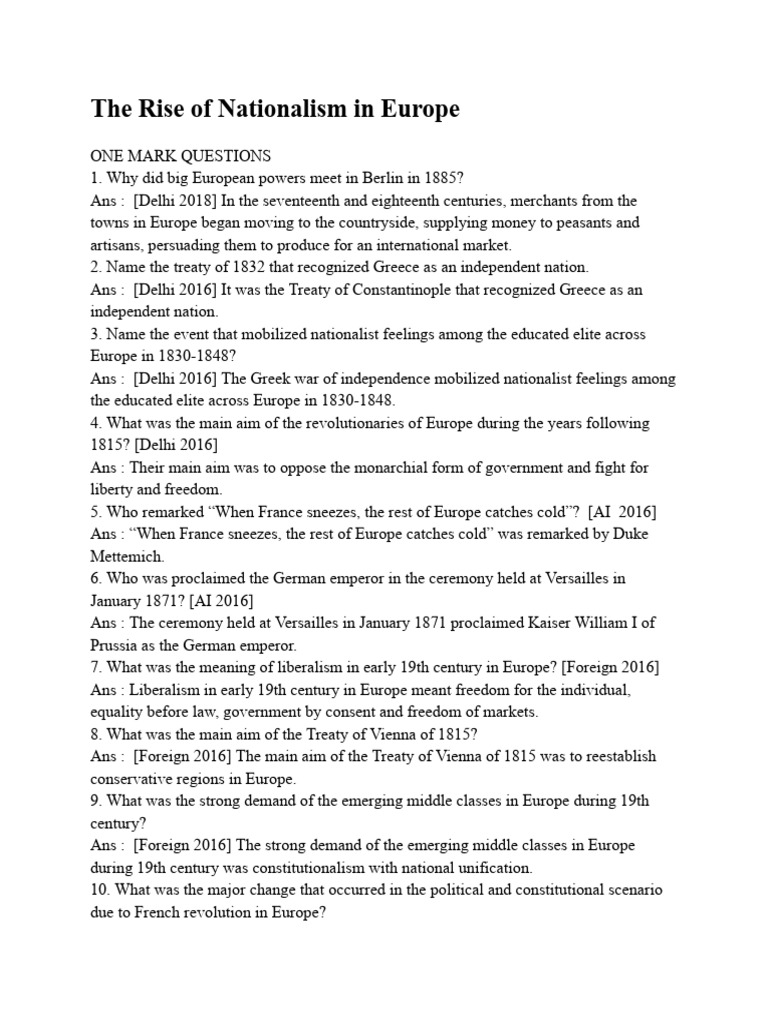 Nationalism in Europe PYQs & Ans | PDF | Kingdom Of Prussia | Nationalism