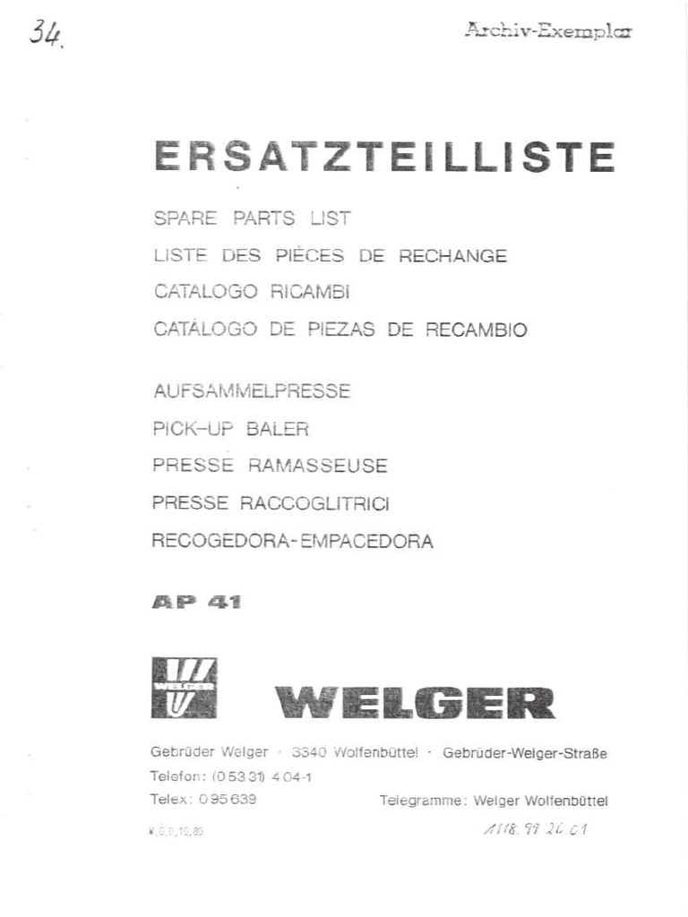 Welger AP 41 Parts Catalog | PDF