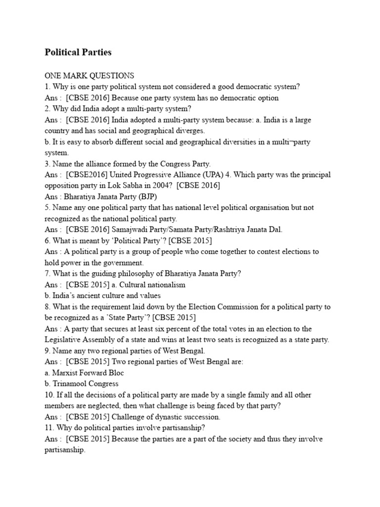 Political Parties PYQs and Ans | PDF | Political Parties | Elections