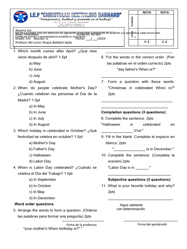 Examen - Inglés 2024.3ro Primaria | PDF