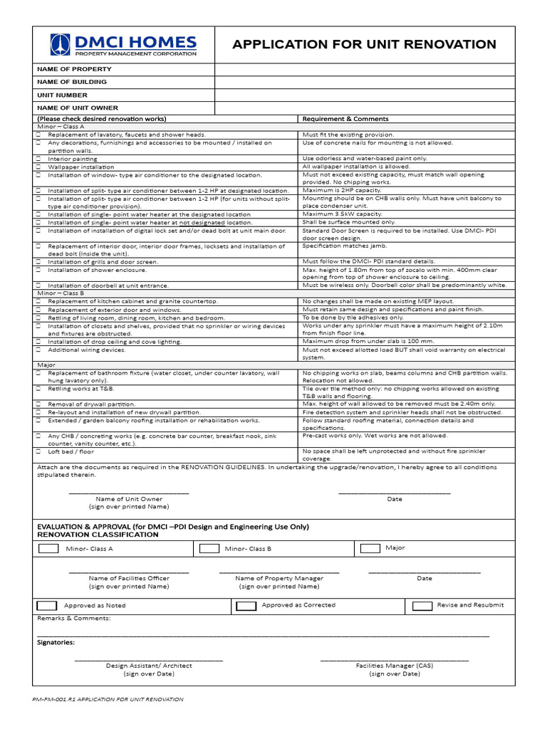 PM-FM-001.R1 Application For Unit Renovation-Ora | PDF | Countertop | Wall