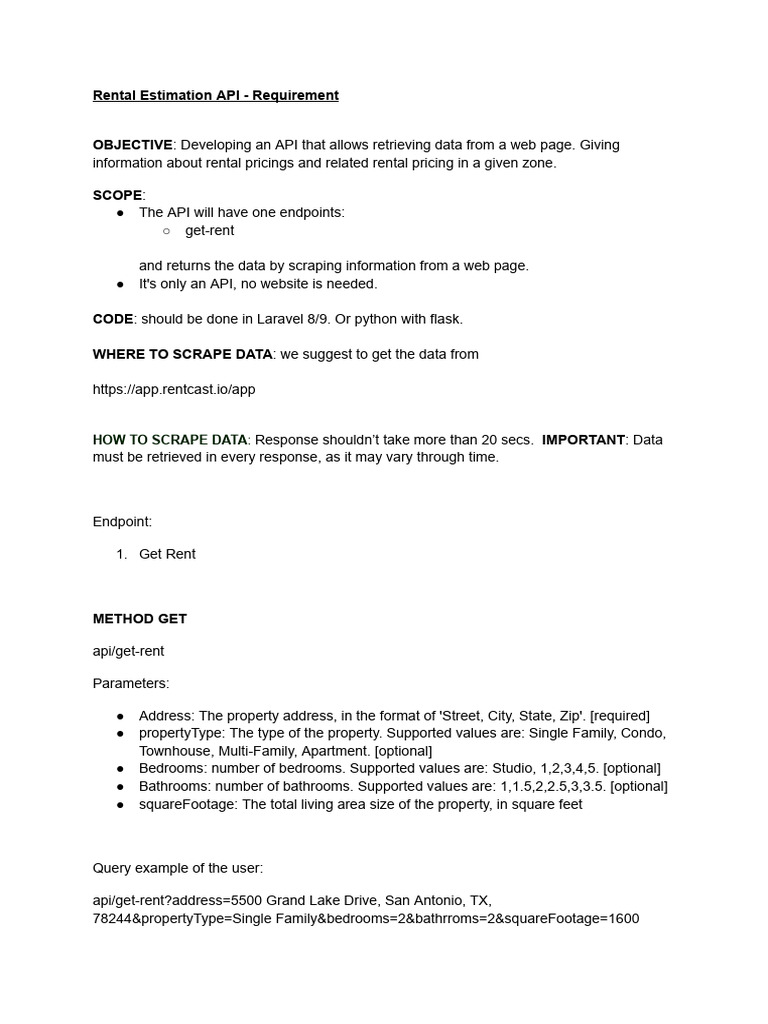 Rental Estimation API - Requirement | Download Free PDF | Computing | Computer Programming