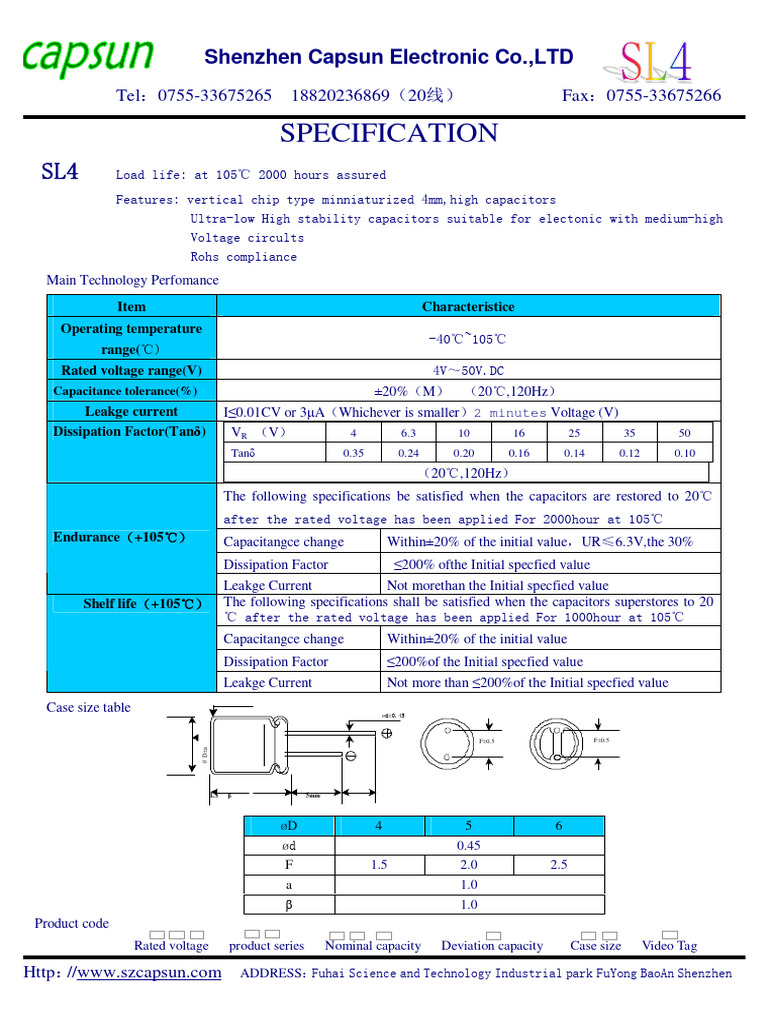 SL4 Capacitor Specifications Guide | PDF | Capacitor | Capacitance