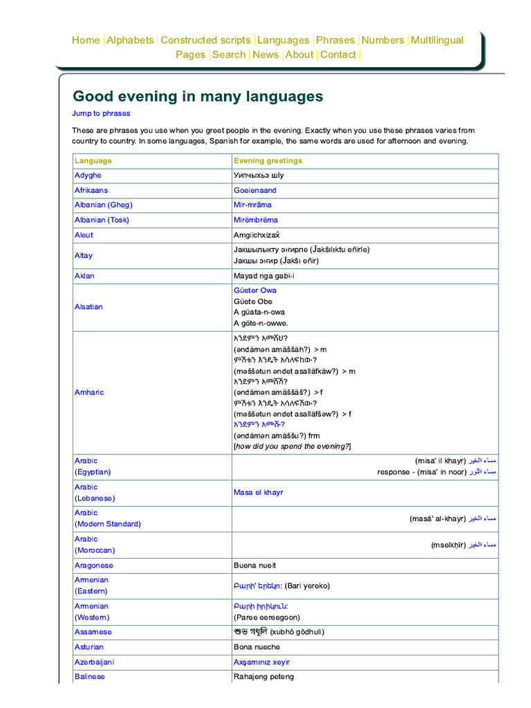 Translations of Good Evening in Many Languages | PDF