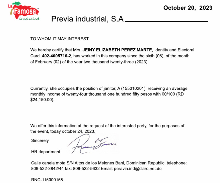 Jeiny Carta Laboral Industrias Banilejas | PDF