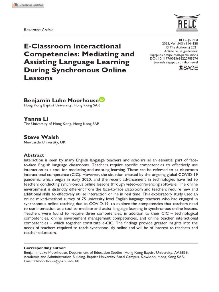 Moorhouse Et Al 2021 e Classroom Interactional Competencies Mediating and Assisting Language ...