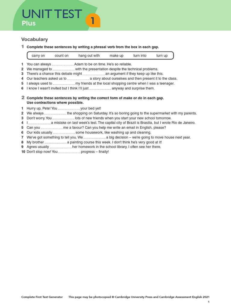 Complete First Unit Test 1 Plus | PDF