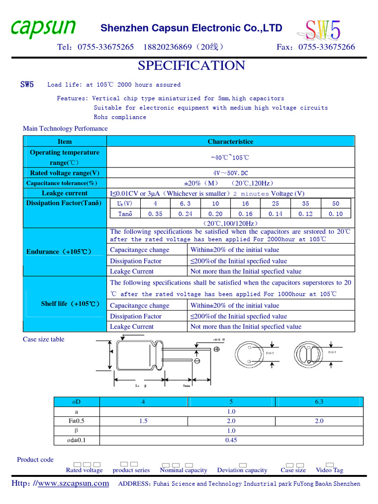 Capsun (Radial Thru-Hole) SW5 Series | PDF | Capacitor | Capacitance
