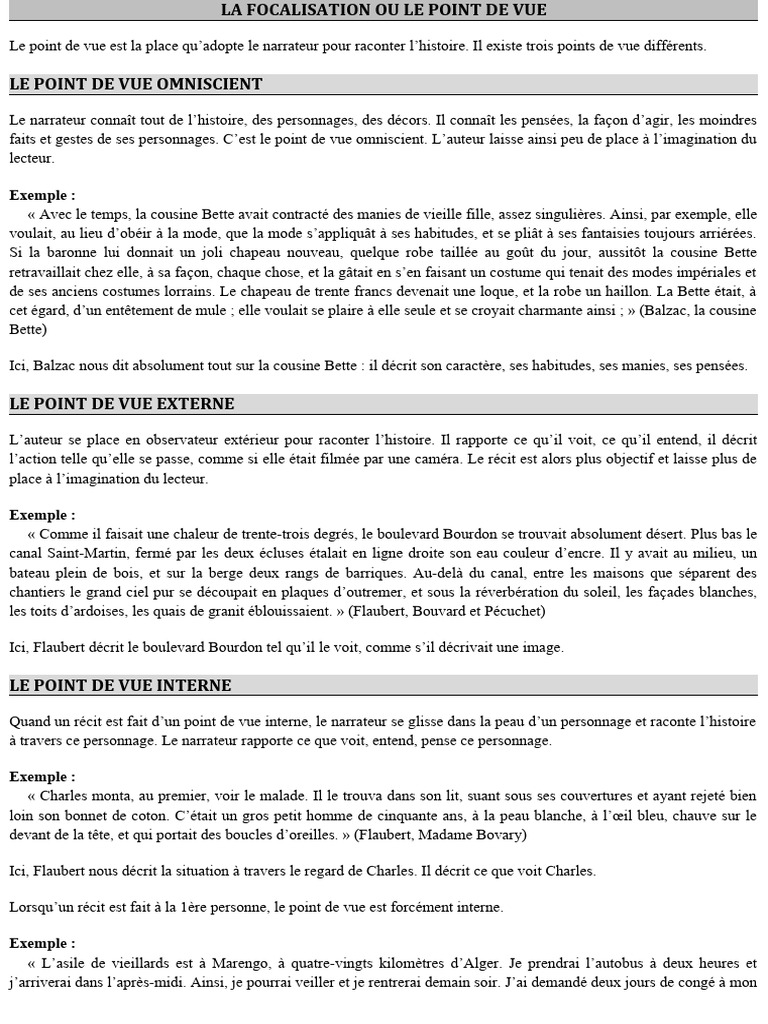Focalisation et points de vue narratifs | PDF | Madame Bovary | Gustave ...
