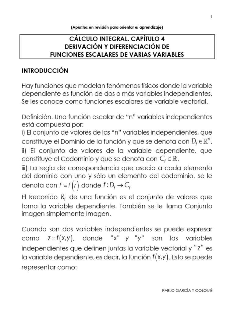 Cálculo Integral. Capítulo 4. Derivación y Diferenciación de Funciones Escalares de Varias ...