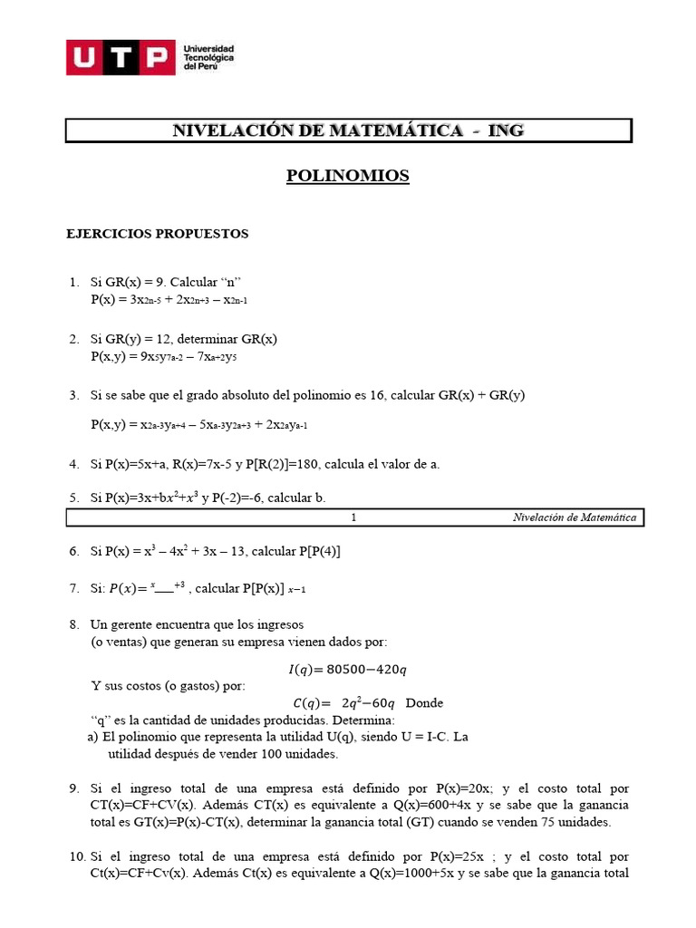 Nivelación de Matemática - Ing Polinomios: Ejercicios Propuestos | PDF