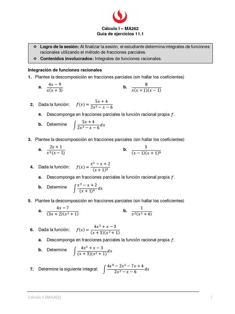 MA262 - Guía de Ejercicios - 11.1 | PDF | Integral | Matemáticas