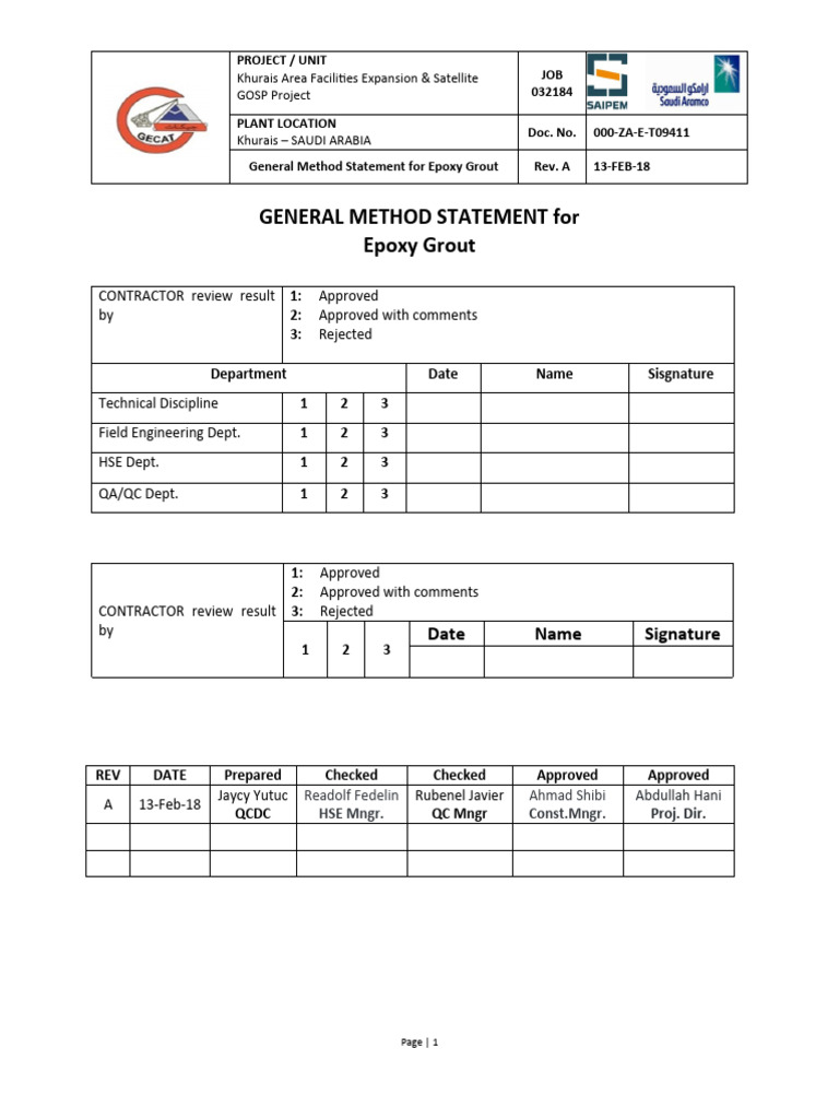 General Method Statement For Epoxy Grout Rev Neil | PDF | Concrete | Supervisor