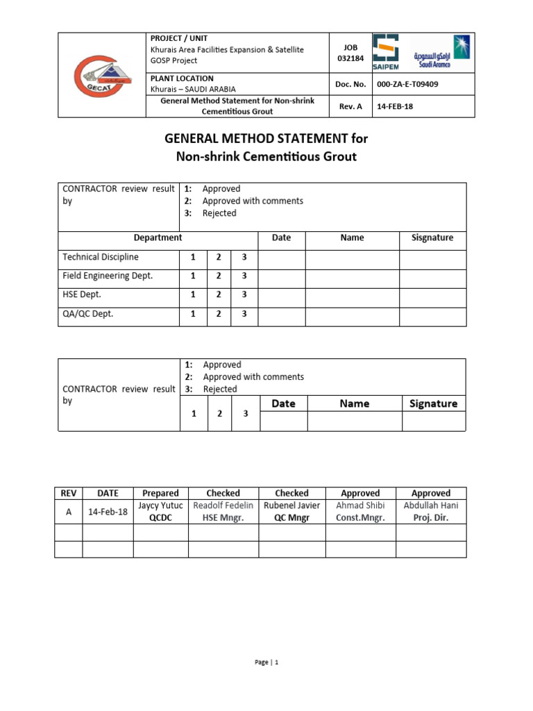 General Method Statement For Non-Shrink Cementitious Grout Rev Neil ...