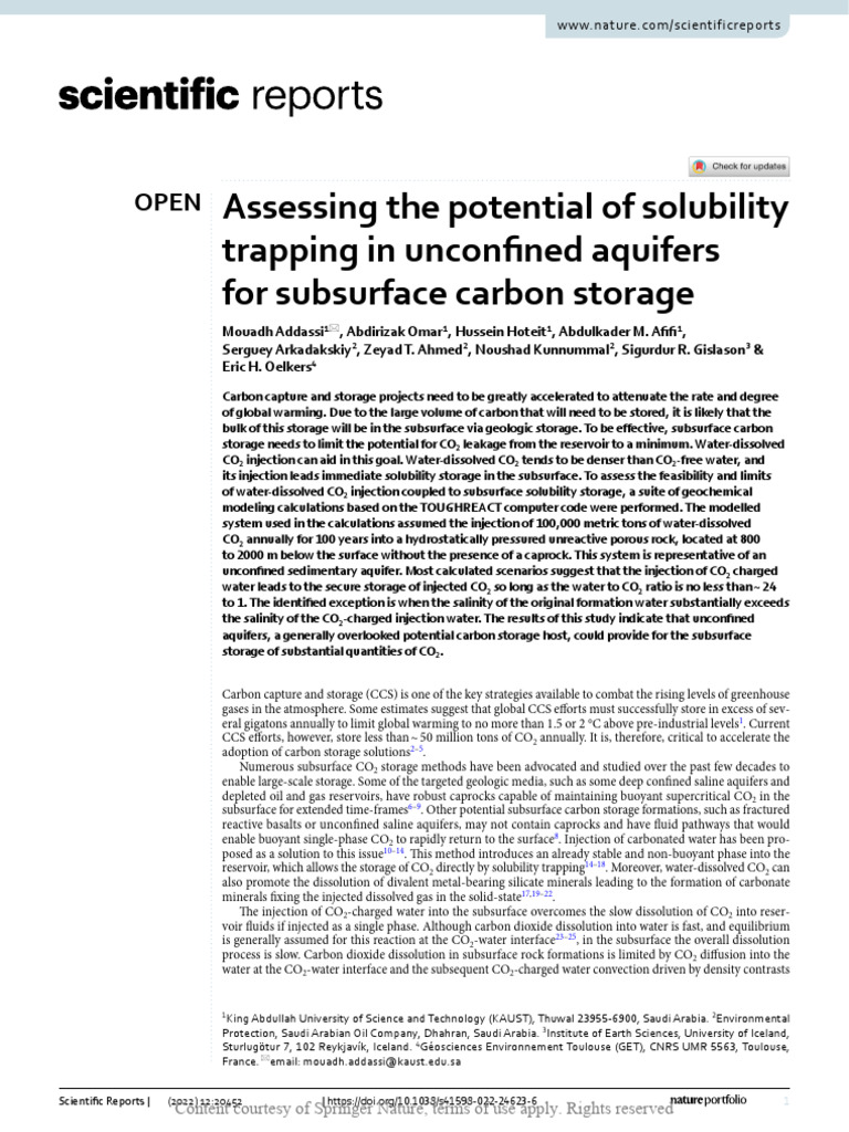 Solubility Trapping for CO2 Storage in Aquifers | PDF | Carbon Capture ...