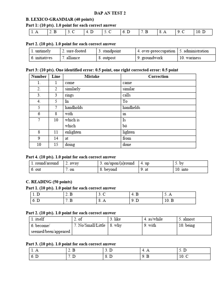 DAP AN TEST 2: Lexico-Grammar & Reading | PDF