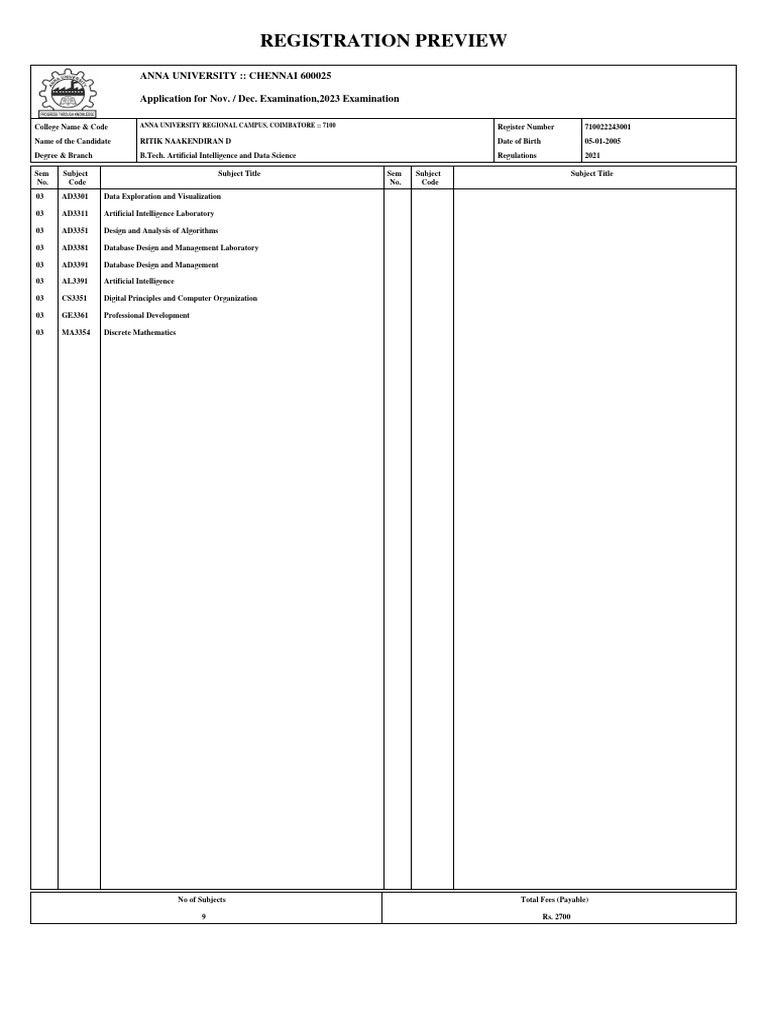 03 - AIDS - Exam Registration Preview Form | PDF | Data Science | Data