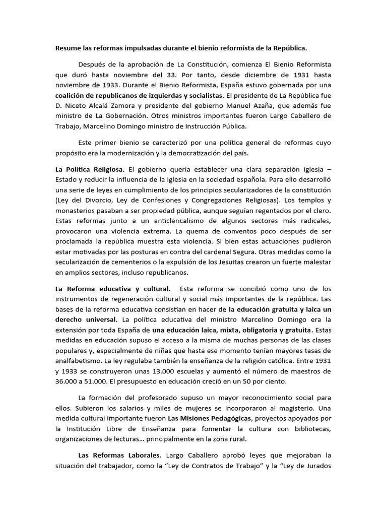 Resume Las Reformas Impulsadas Durante El Bienio Reformista de La ...