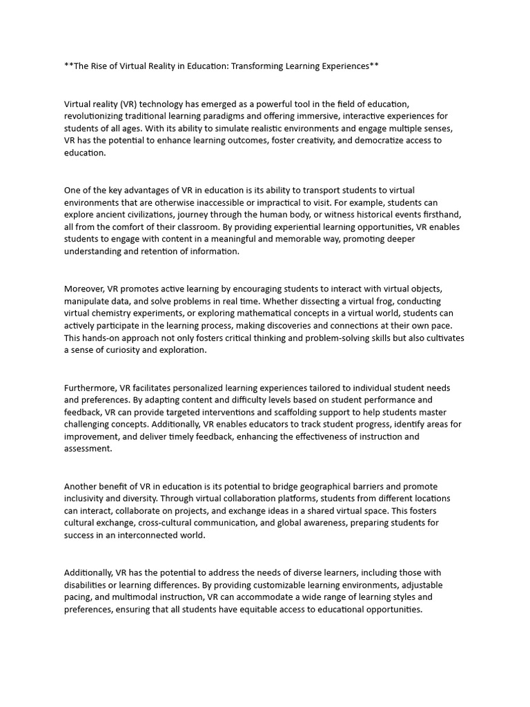 The Rise of Virtual Reality in Education Transforming Learning Experiences | PDF | Virtual ...