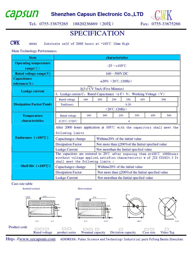 Capsun [snap-in] CWK Series | PDF | Capacitance | Electronic Engineering