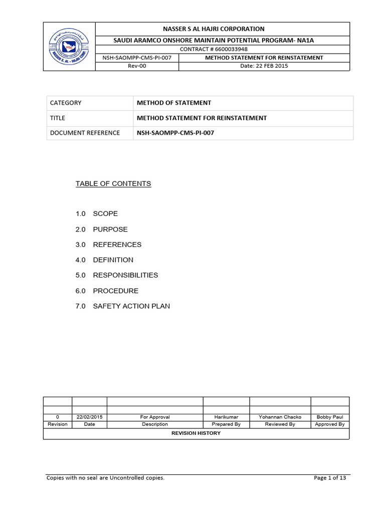 Method Statement for Piping Reinstatement | PDF | Valve | Pipe (Fluid Conveyance)