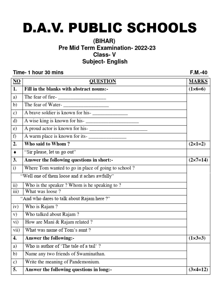 DAV English Class 5 Pre Mid Term 2022-23 | PDF