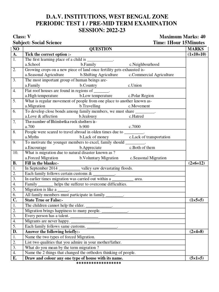 DAV Class 5 SST Pre Mid Term 2022-23 | PDF | Human Migration