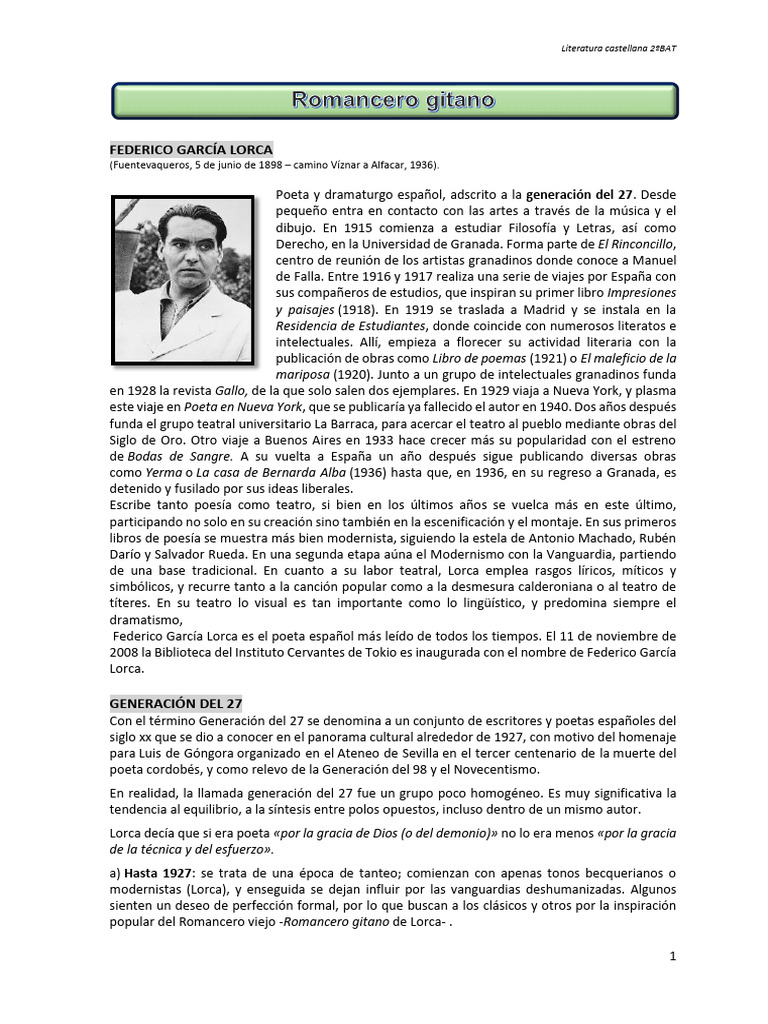 Romancero Gitano TEORÍA SELECTIVIDAD | PDF | Federico García Lorca