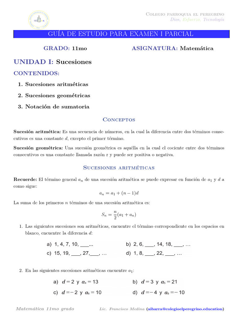Guía de Estudio para Examen I Parcial 11mo Grado | PDF | Secuencia | Suma