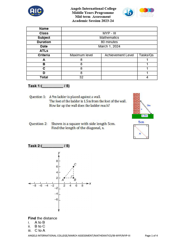 IB MYP III Mathematics Assessment Guide | PDF | Triangle