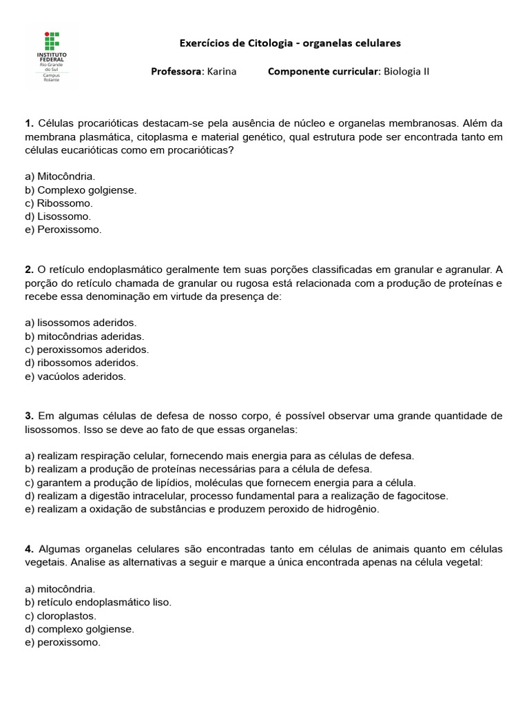Lista de Exercícios Sobre Organelas Celulares | PDF | Célula (Biologia ...