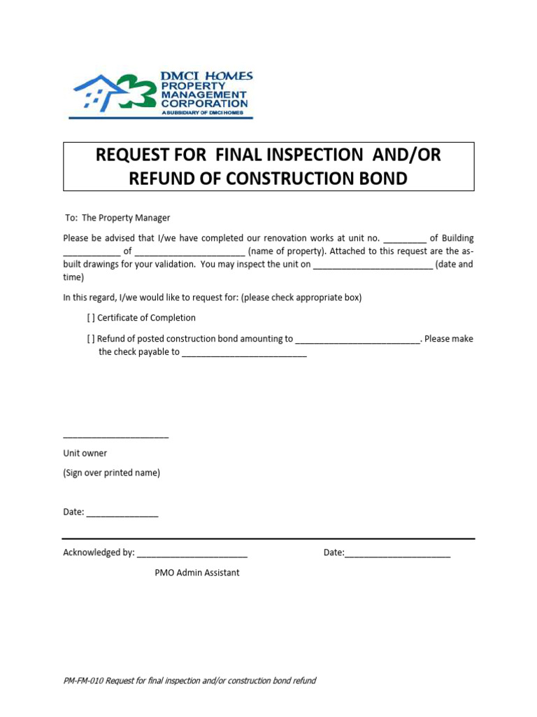 Final Inspection and Bond Refund Request | PDF | Technology & Engineering