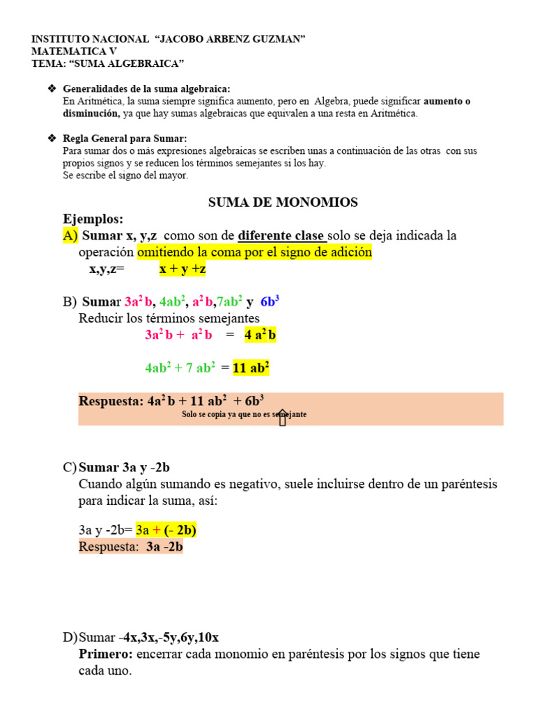 Suma Algebraica Material de Apoyo | Descargar gratis PDF | Álgebra ...